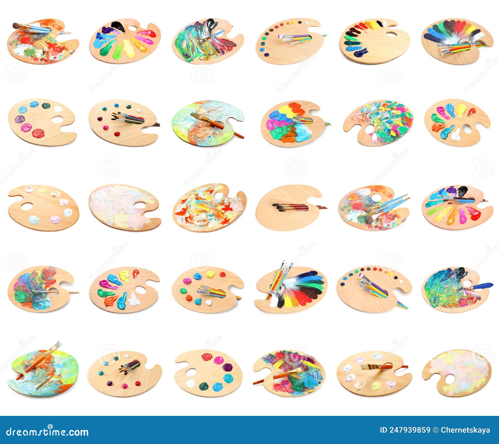 Palettes With Paints And Brushes On White Background, Collage Royalty ...