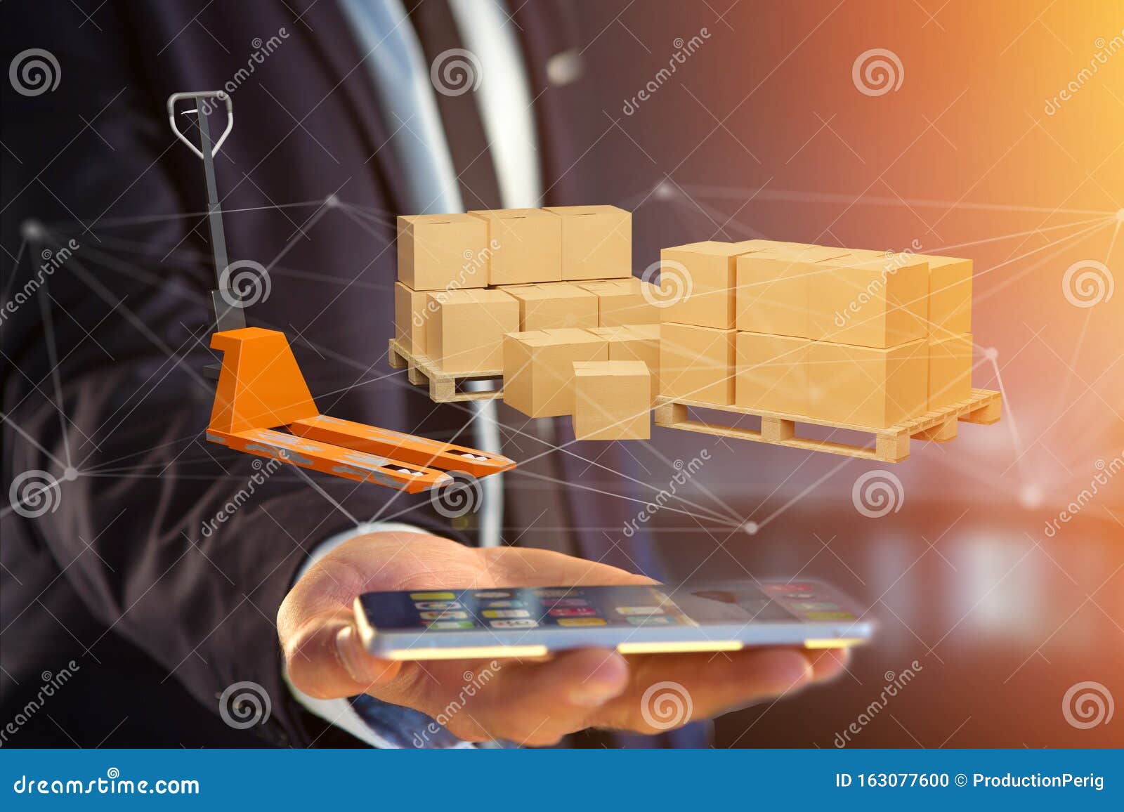 Pallet Truck and Carboxes with Network Connection System - 3d Render ...