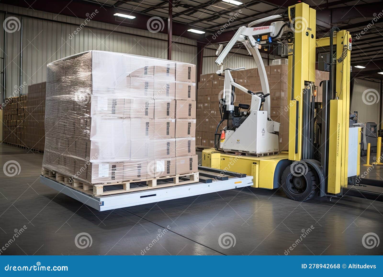 Palletizing Robot, with Completed Pallet of Product, Being Loaded Onto ... Palletizing Robot, with Completed Pallet of Product, Being Loaded Onto ...