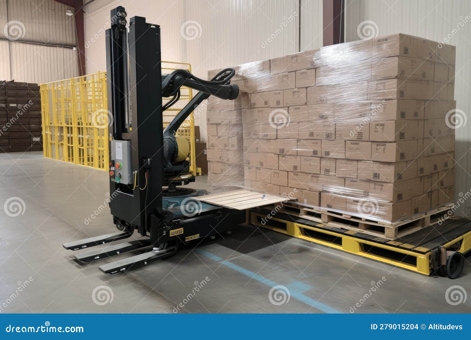Palletizing Robot, with Completed Pallet of Product, Being Loaded Onto ... Palletizing Robot, with Completed Pallet of Product, Being Loaded Onto ...