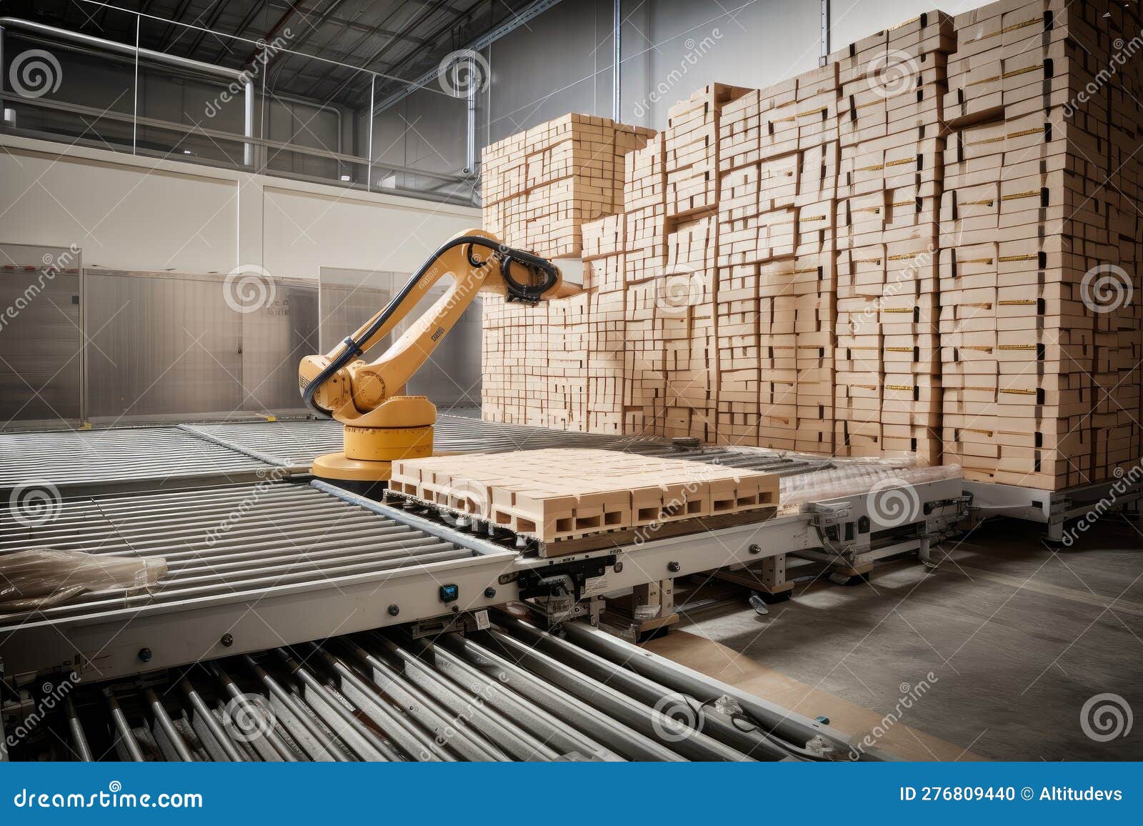 Palletizing Robot Lifting Pallets of Products and Stacking Them in ...