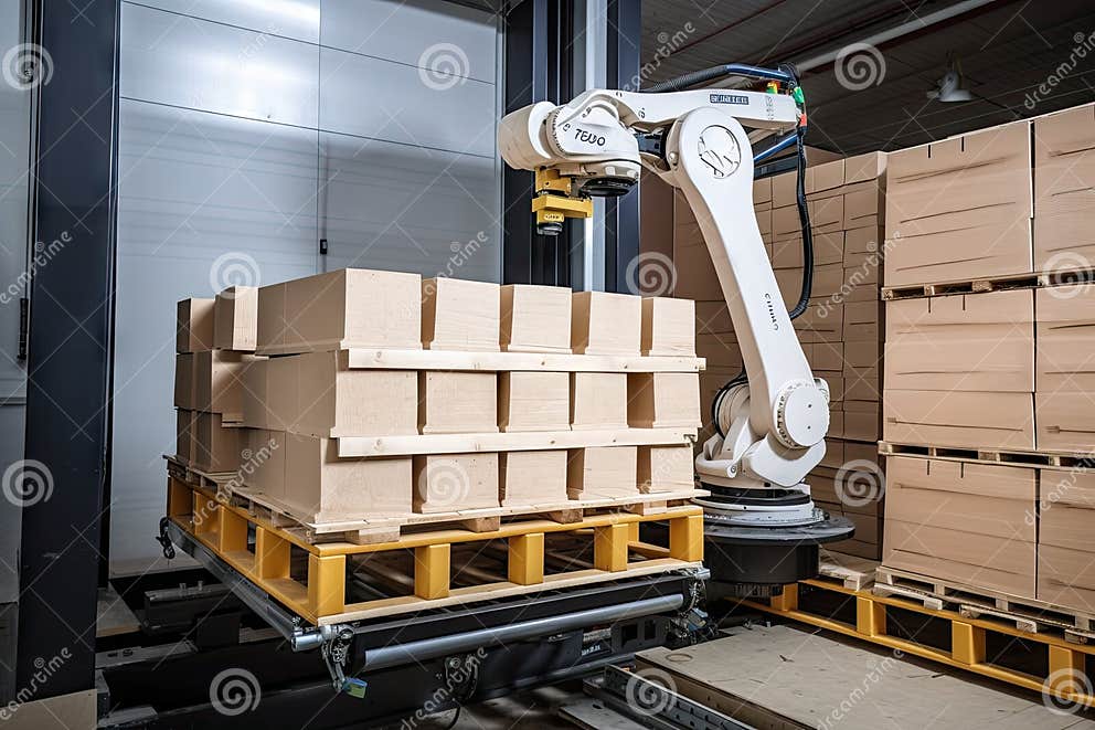 Palletizing Robot Loading Heavy Objects Onto Pallets with Motorized Gripper Stock Illustration ...