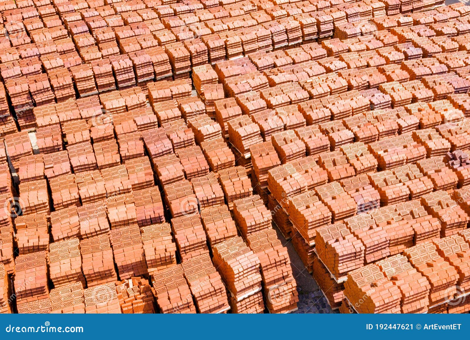 Pallets with Bricks in Warehouse of a Brick Factory. View from Above ...