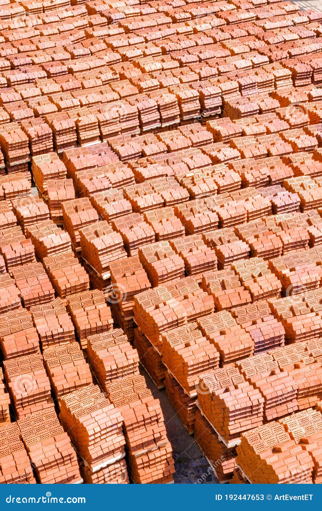 Pallets with Bricks in Warehouse of a Brick Factory. View from Above ...