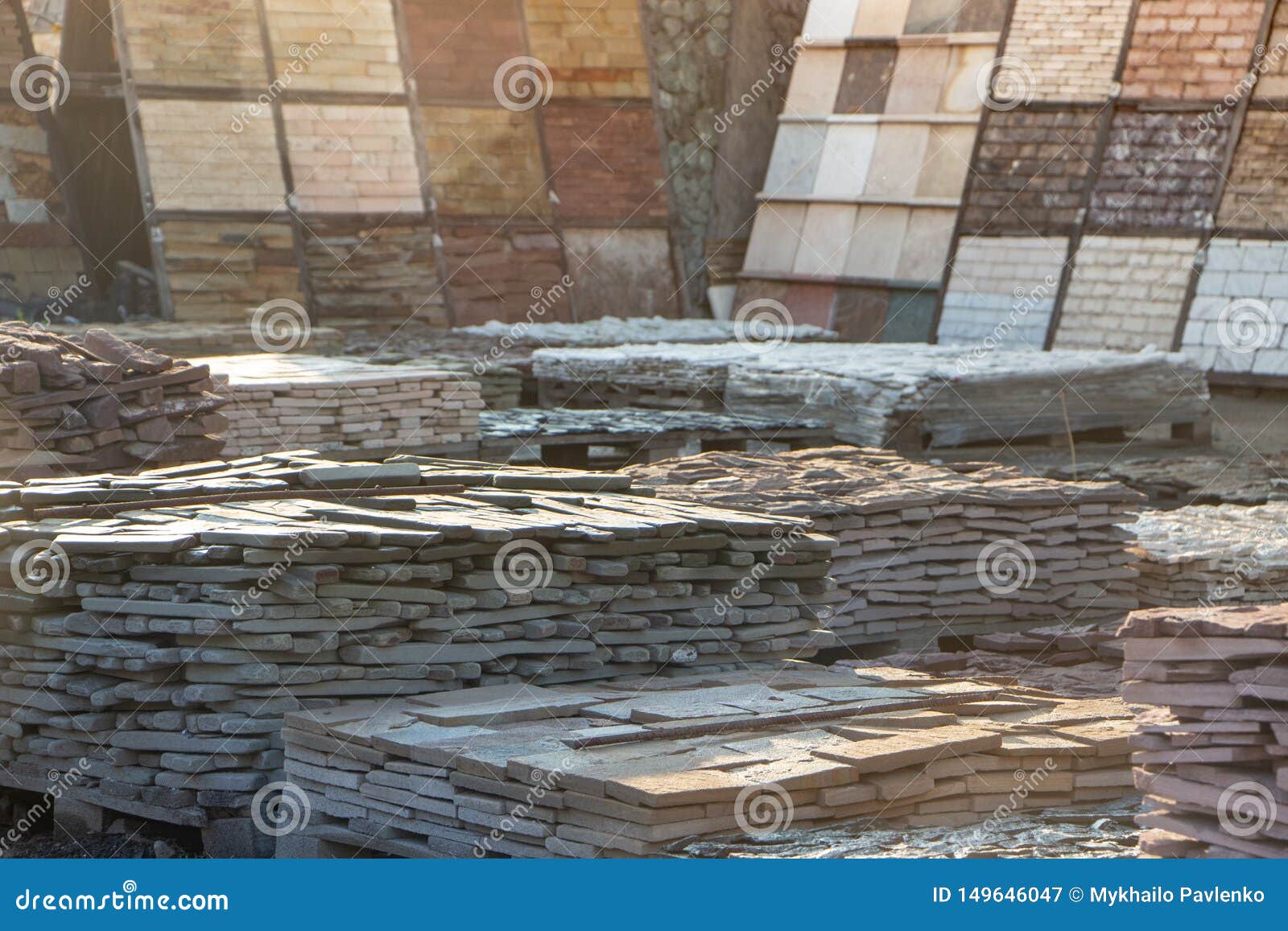 Pallets with Natural Facing Stone and Cobblestones Stock Image - Image ...