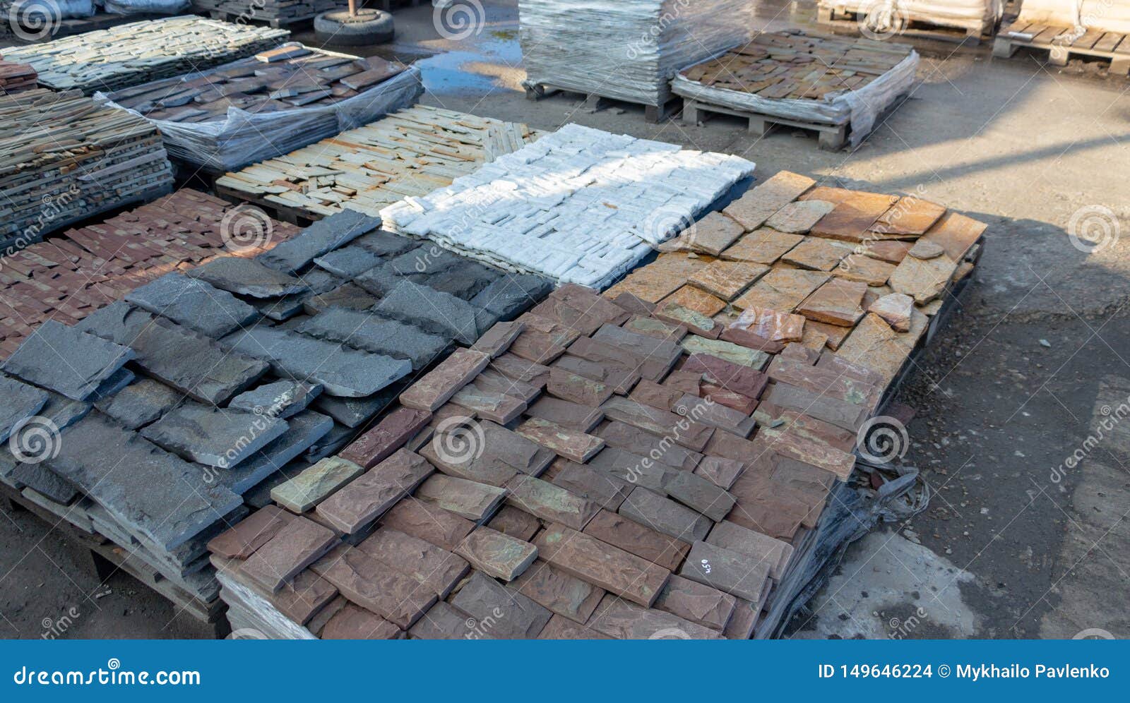 Pallets with Natural Facing Stone and Cobblestones Stock Photo - Image ...