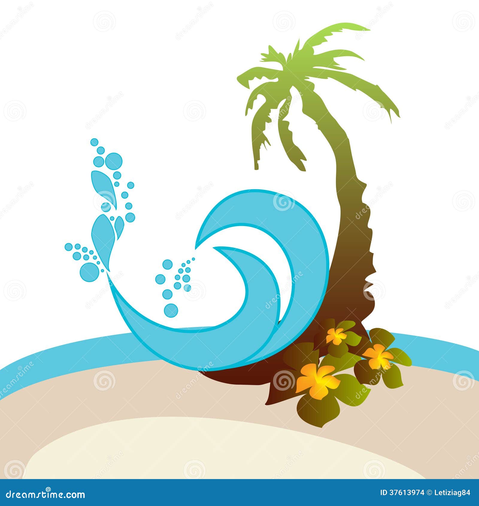 Palm, flowers, waves stock vector. Illustration of color - 37613974