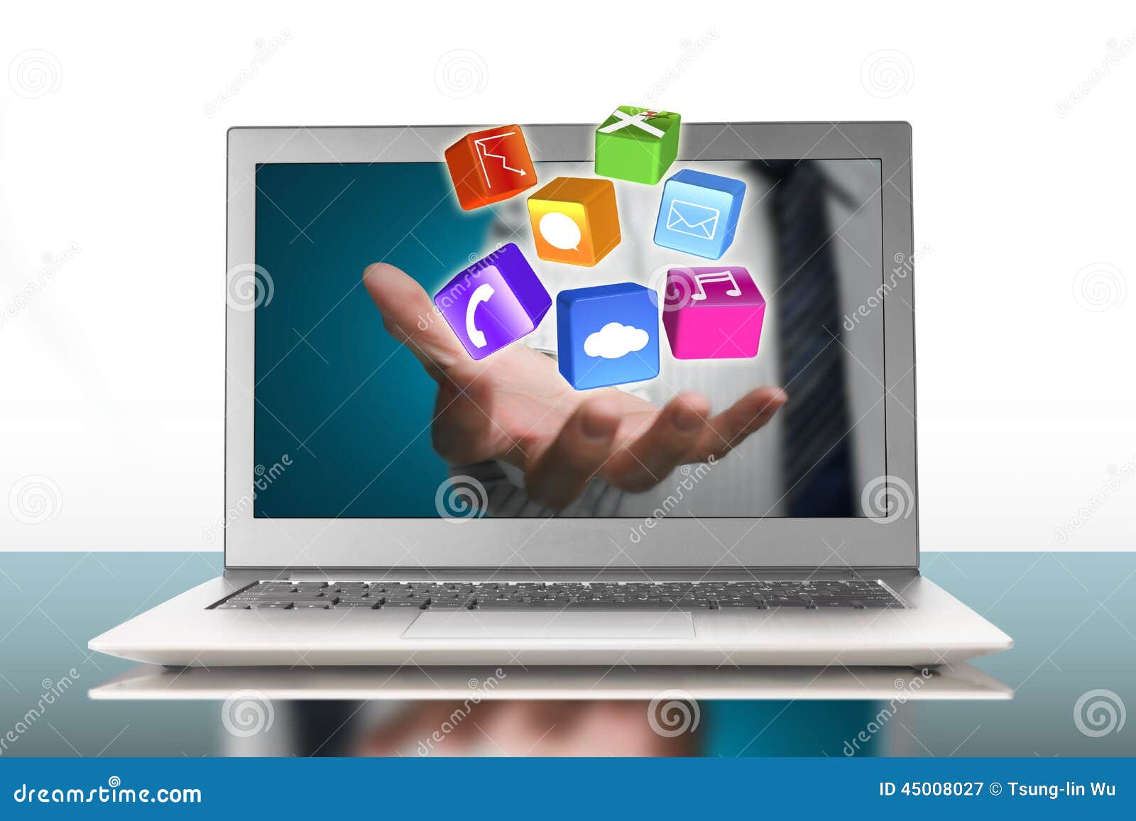 Palm Stretch Out Laptop Screen with App Blocks Stock Image - Image of ...