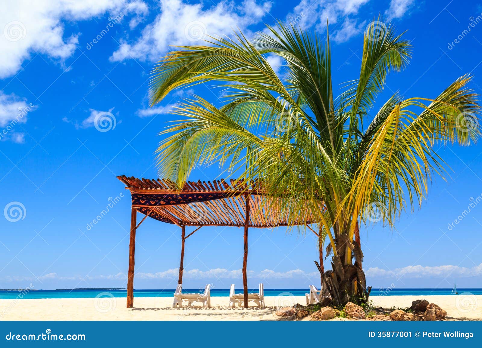 Palm Tree and Beds on a Tropical Beach Stock Image - Image of island ...