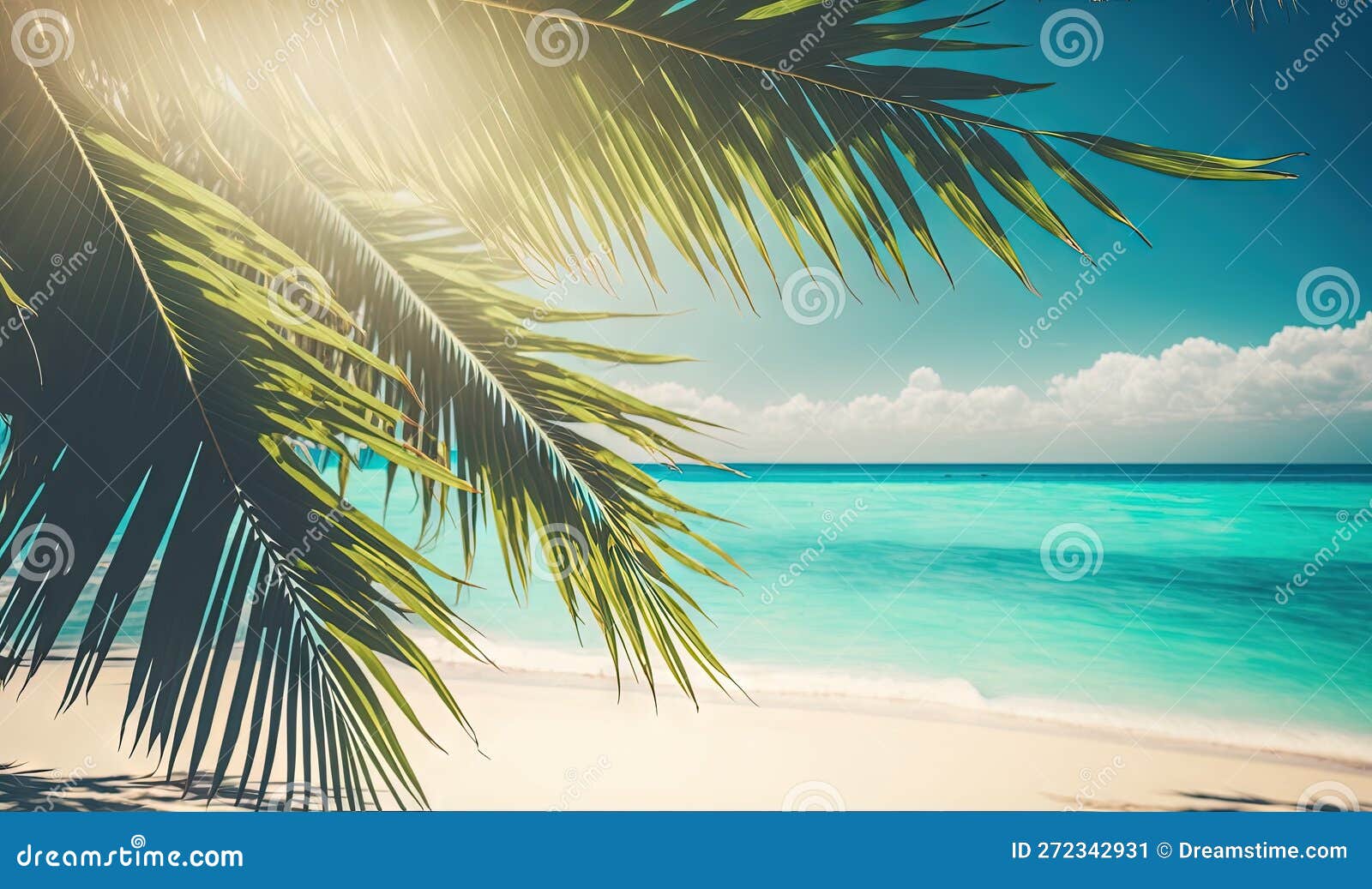 A Palm Tree Branch on a Beach with the Ocean in the Background Stock ...