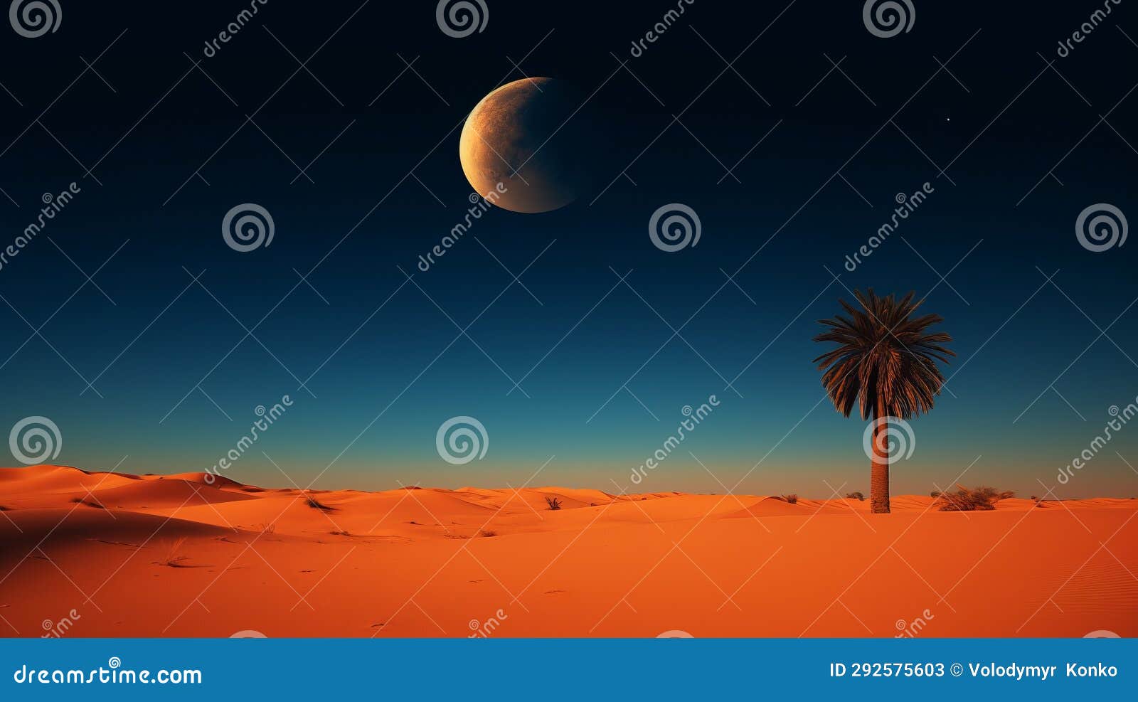A Palm Tree in the Desert with a Half Moon in the Background Stock ...