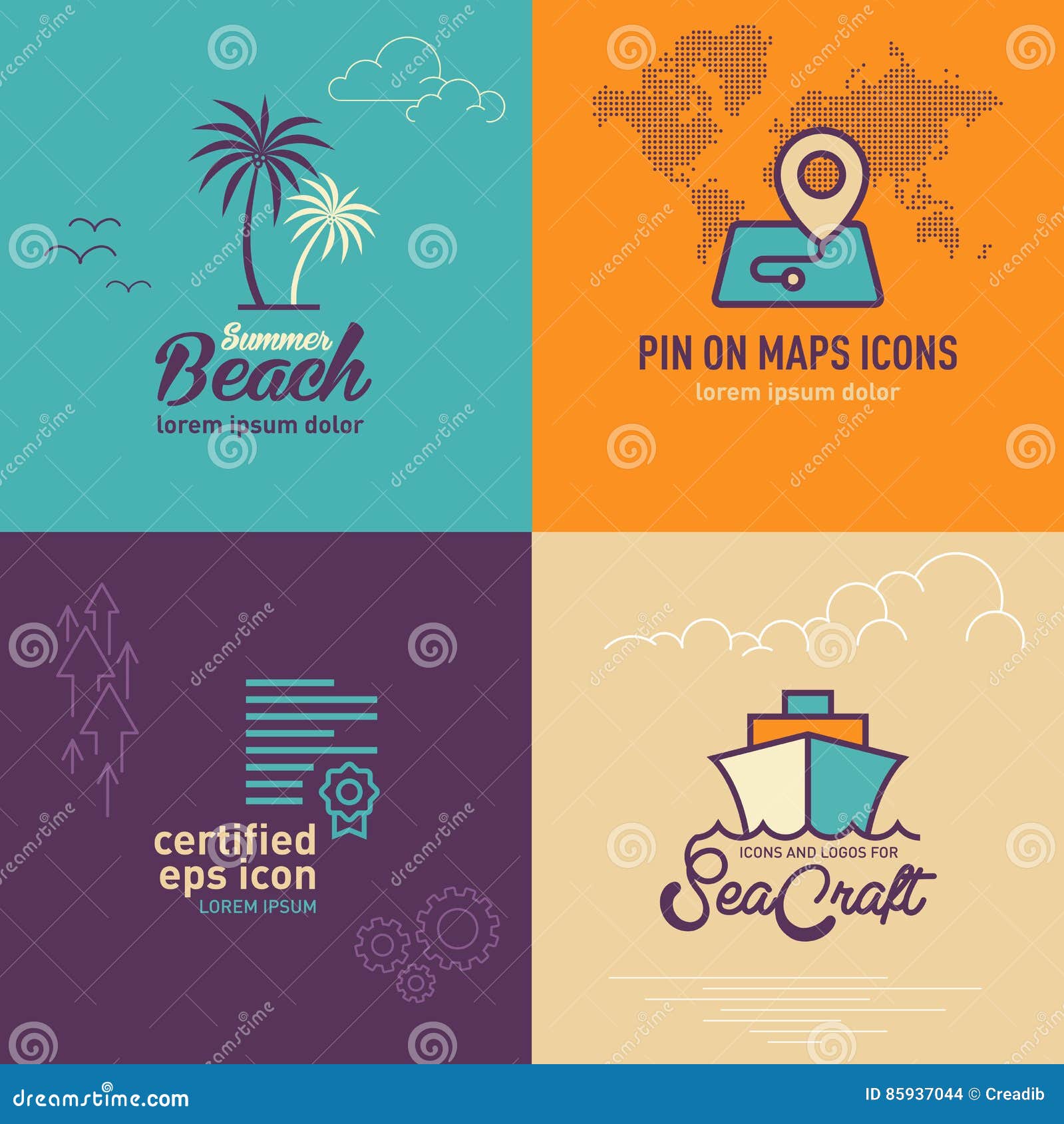 Palm Tree Flat Icon, Location Map with World Map Flat Icon, Certificate ...