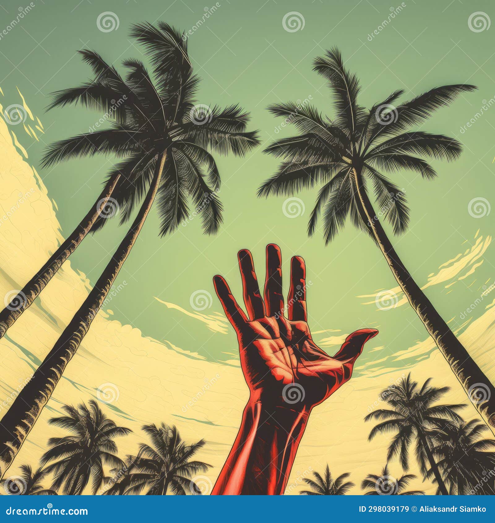 A palm tree and hand stock illustration. Illustration of cloud - 298039179