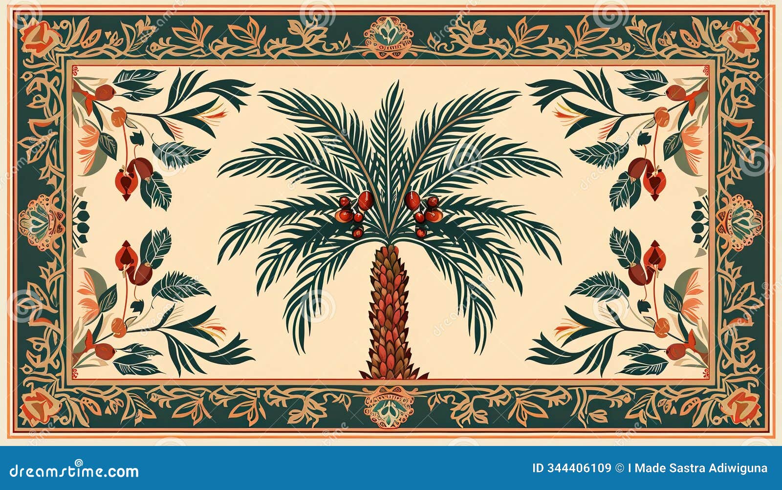 Palm Tree in Oriental Carpet Pattern. Symmetrical Design with Warm ...