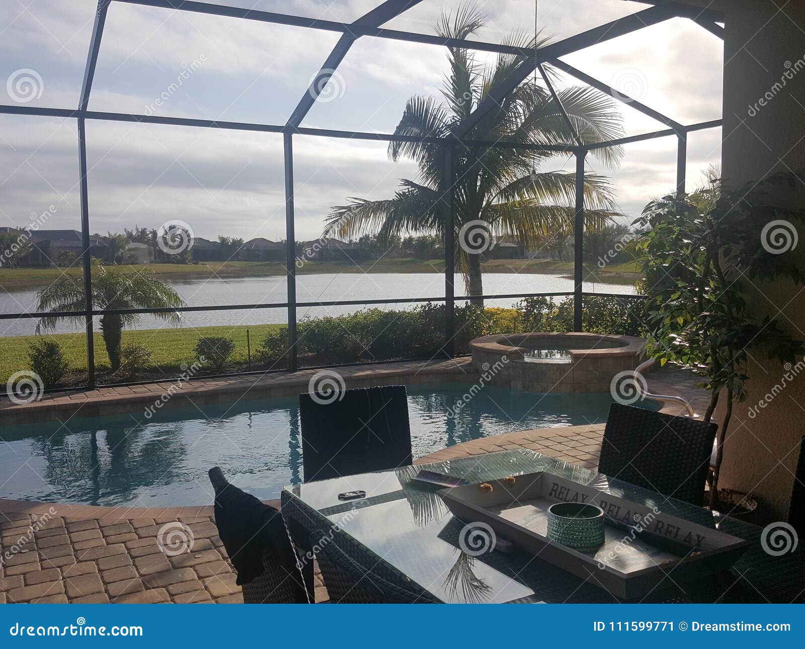 Palm Tree Pool Table Lanai stock image. Image of tree - 111599771