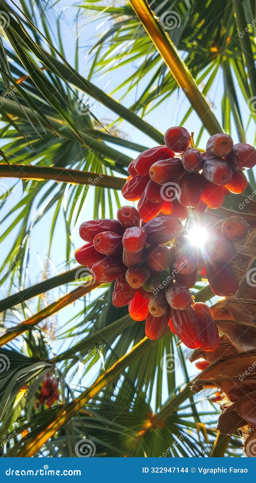 Palm Tree with Red Ripe Dates and Sun Shining through Leaves, Tropical ...