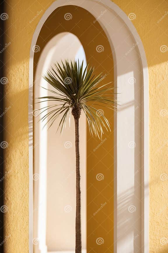 A Palm Tree Seen through an Arched Window in a Yellow Wall. Stock Image ...
