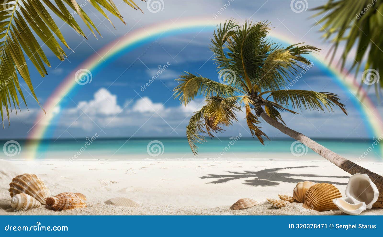 A Palm Tree and Shells on a Beach with Rainbow in the Sky, AI Stock ...