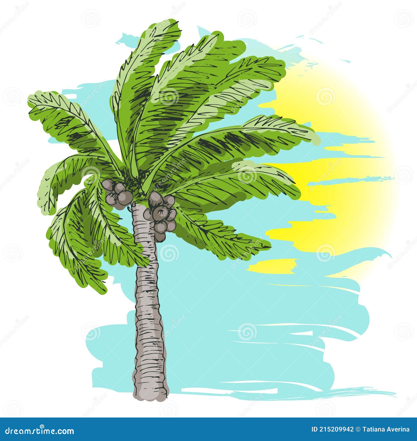 Palm Tree Sketch and Sun on Blue Background Stock Vector - Illustration ...