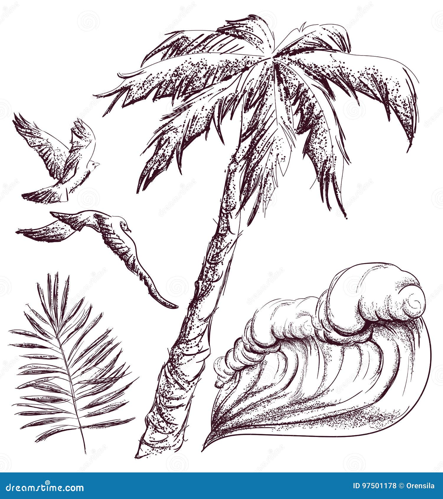 Palm Tree, Two Seagulls and Wave Stock Vector - Illustration of wave ...