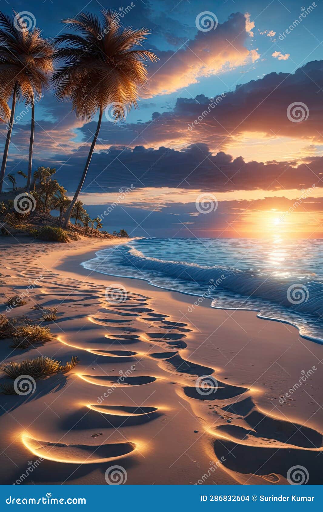 Palm Trees on the Beach with Ocean Waves at Sunset Stock Photo - Image ...