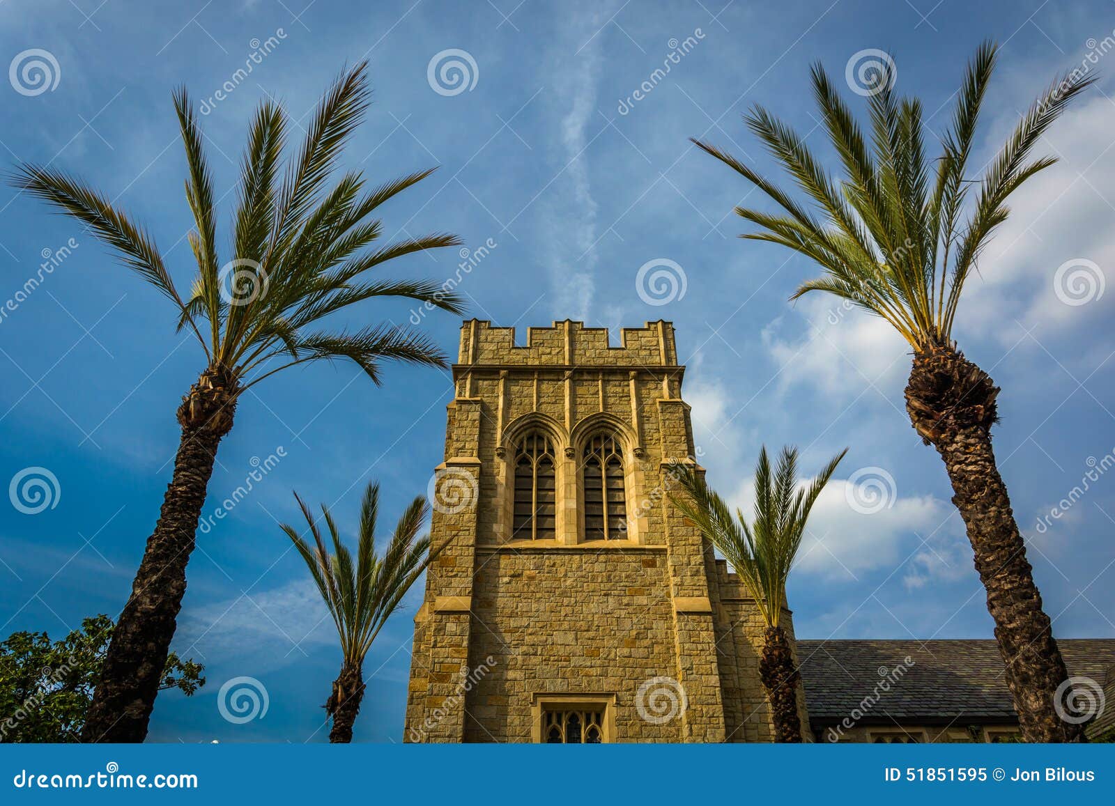 Palm Trees and Church in Pasadena Stock Image - Image of clouds ...