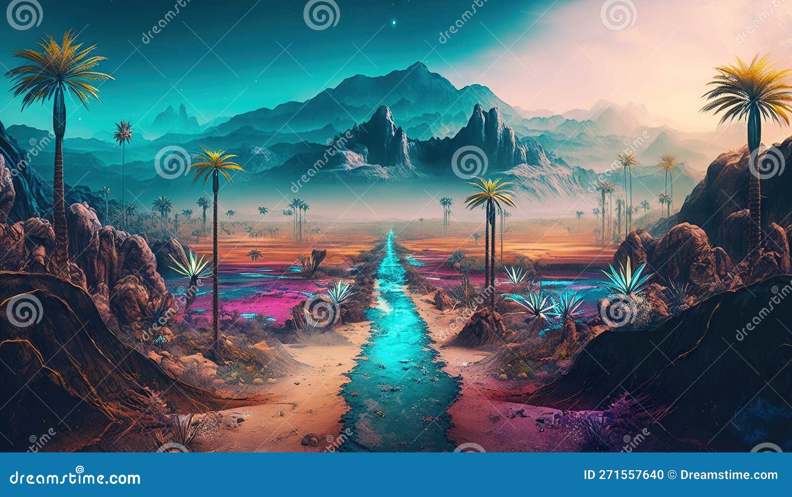 Palm Trees in the Desert with Mountains on Background. Neon Colored ...