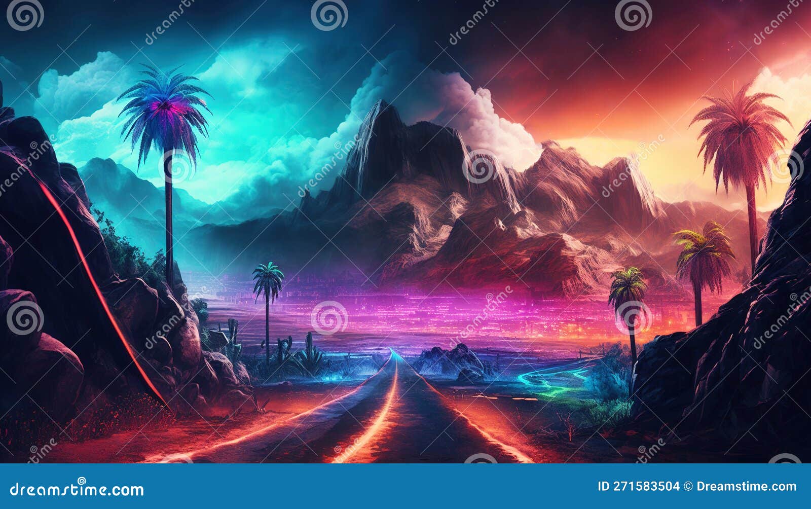 Palm Trees in the Desert with Mountains on Background. Neon Colored ...