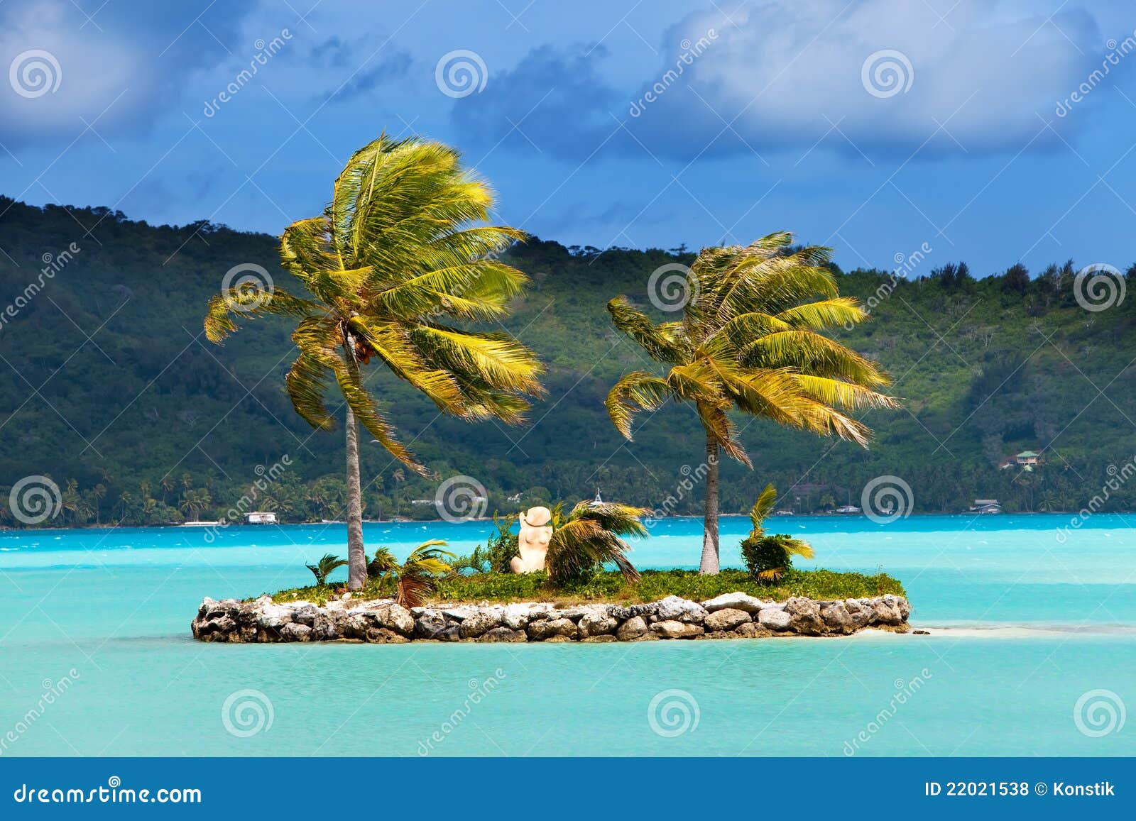 Palm Trees on Island in the Sea and Mountains Stock Photo - Image of ...