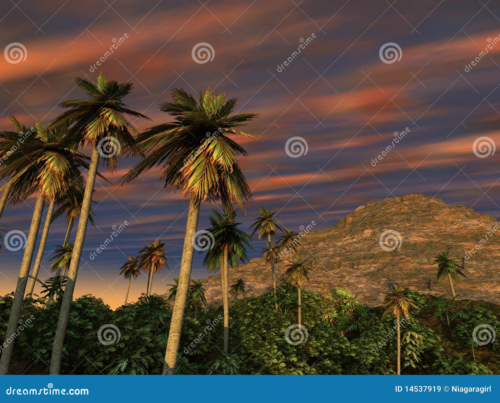 Palm Trees Mountain Sunset stock illustration. Illustration of dramatic ...