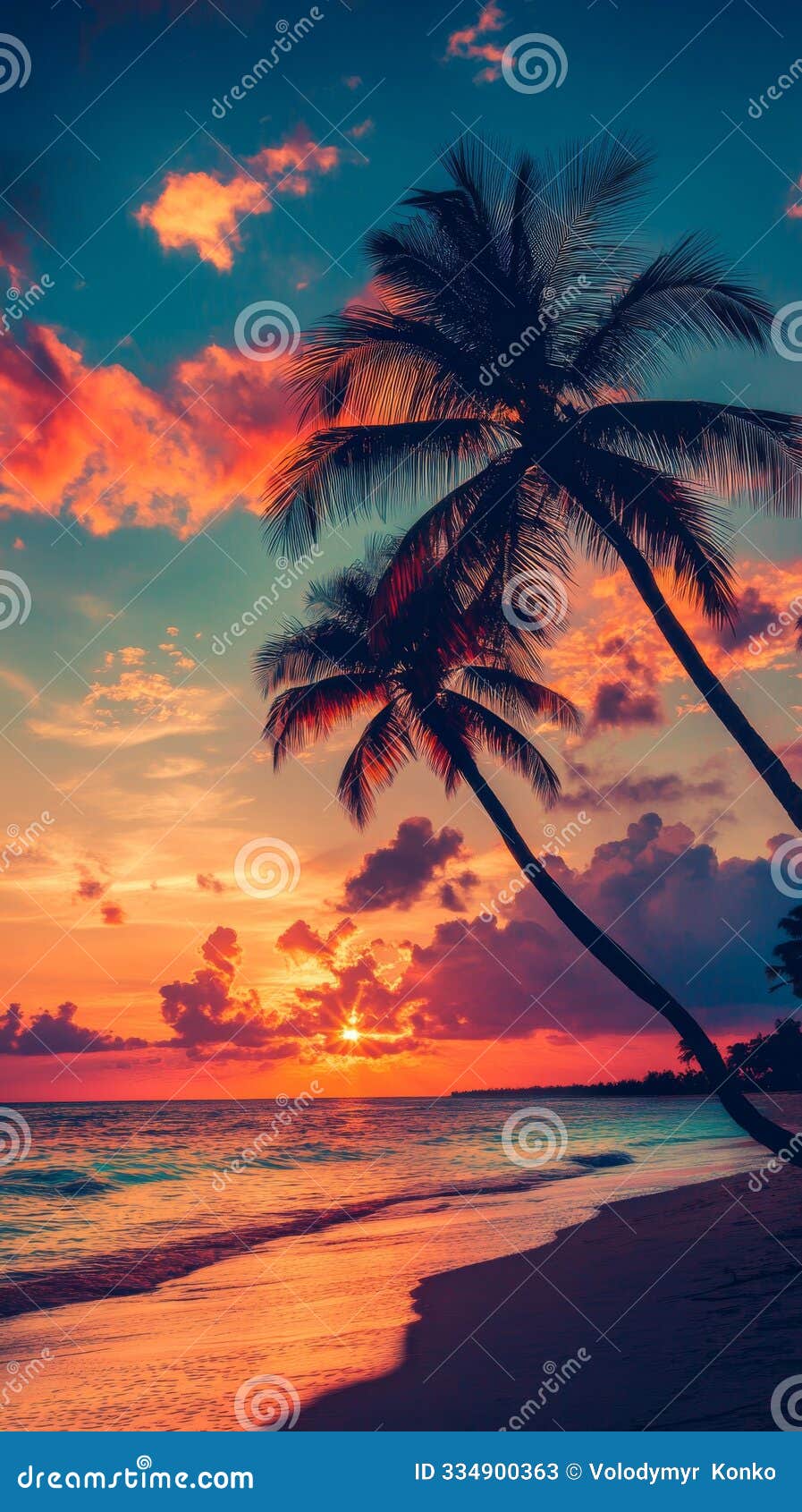 Palm Trees On Tropical Beach At Sunset Colorful Sky Relaxation And