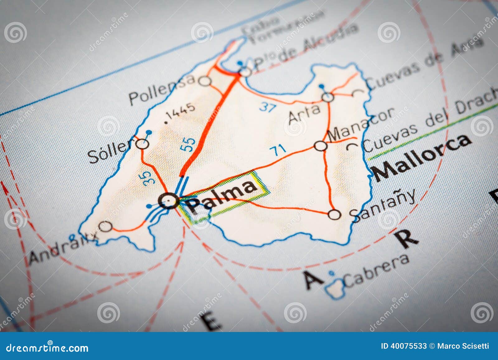 Palma on a road map stock image. Image of textured, paper - 40075533