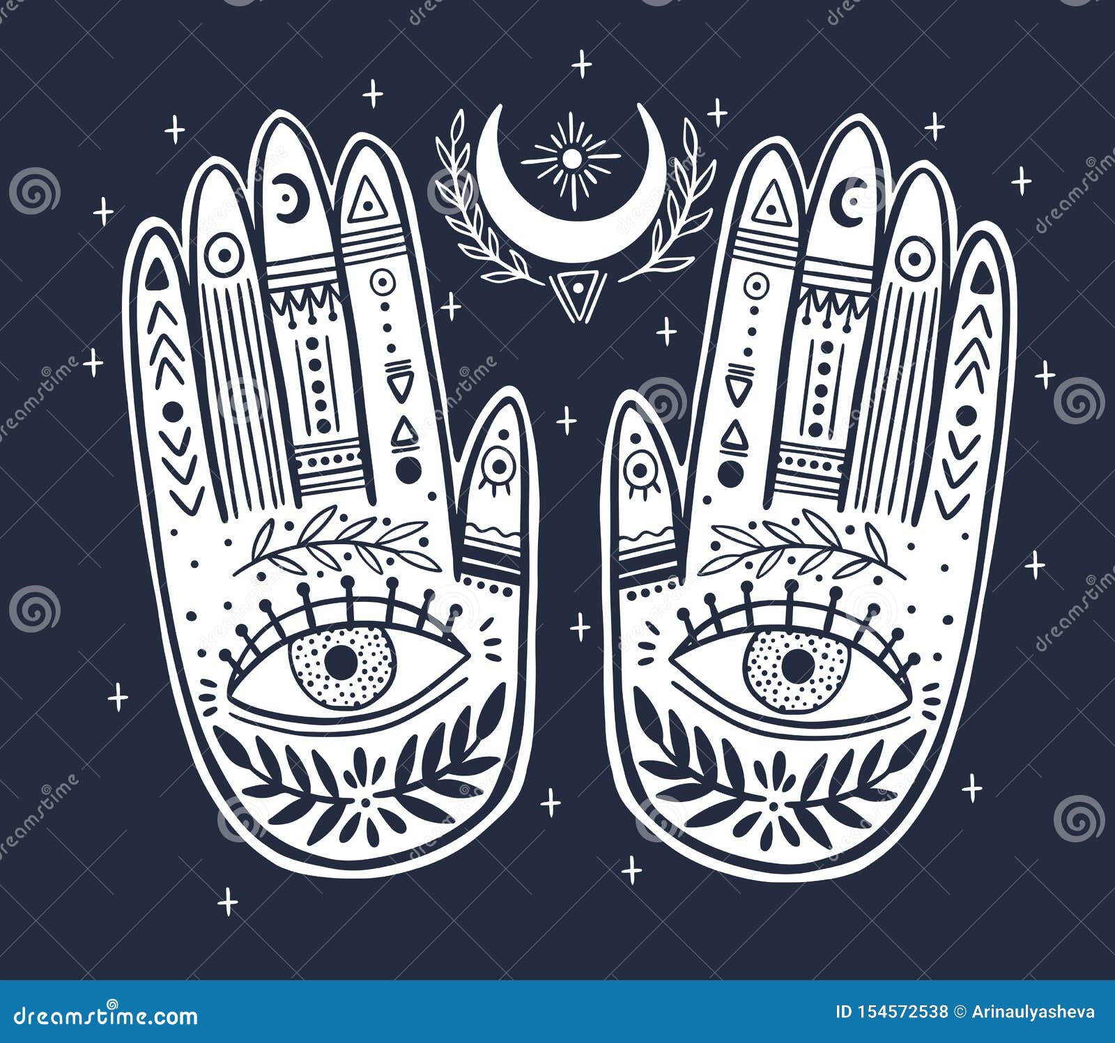 Palmistry of the Hand, Black and White Drawing in a Circle on a Black ...