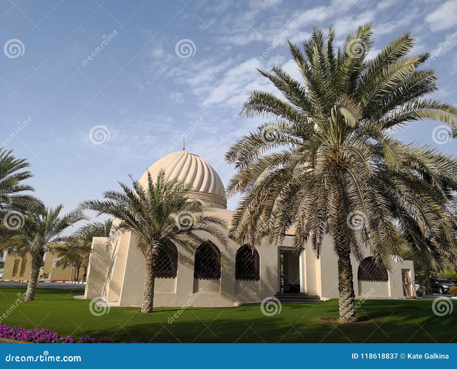 Mosque and Dates Trees in Sunlight Stock Image - Image of blue, mosque ...