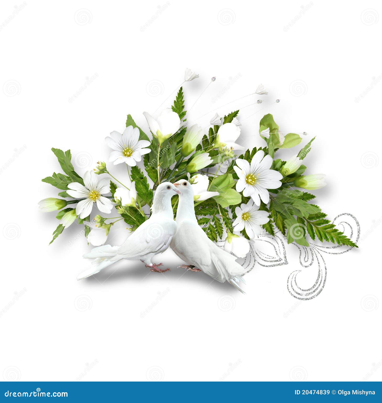 Palomas Y Ramo Blancos Con Las Flores Blancas Imagen de archivo ...