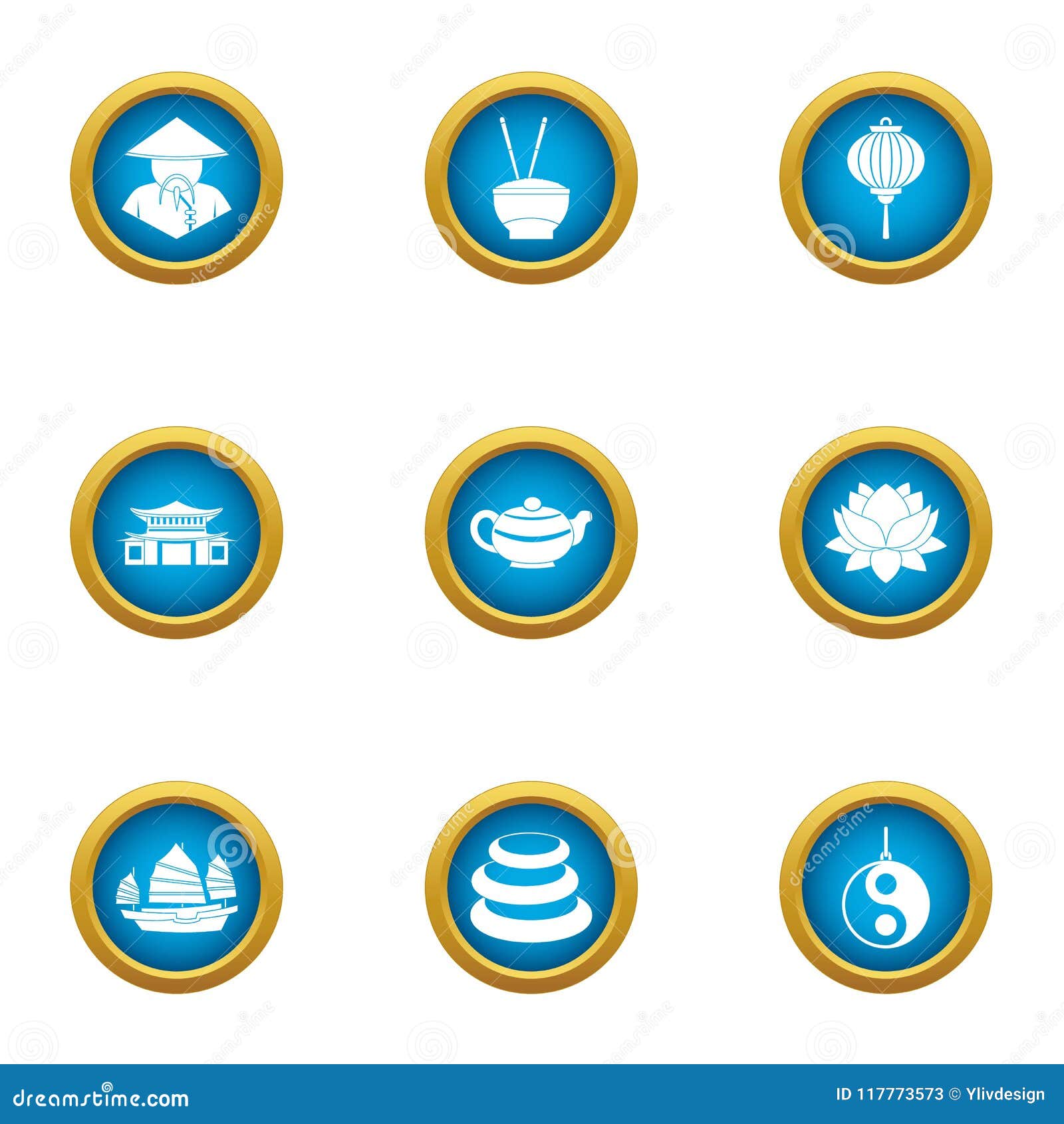 Pan Asian Icons Set, Flat Style Stock Vector - Illustration of button ...
