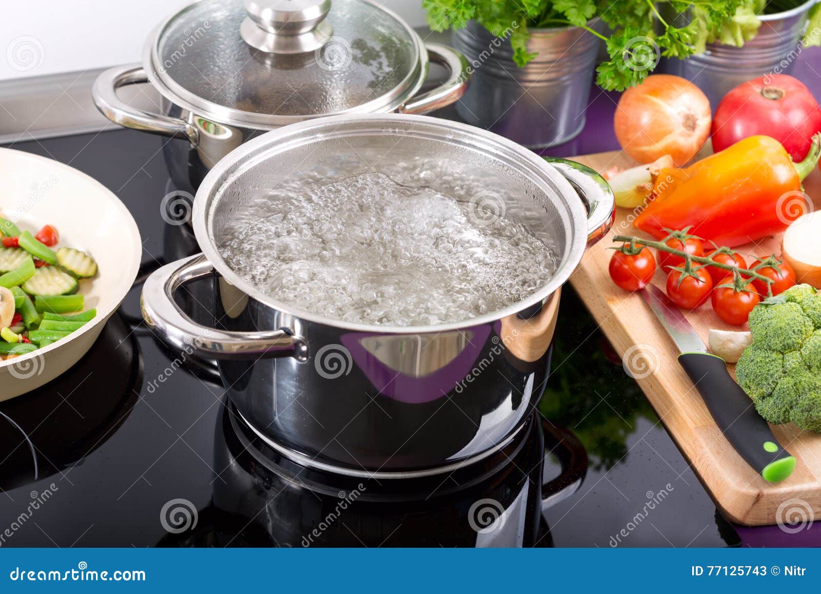 Pan of boiling water stock image. Image of food, boiling - 77125743