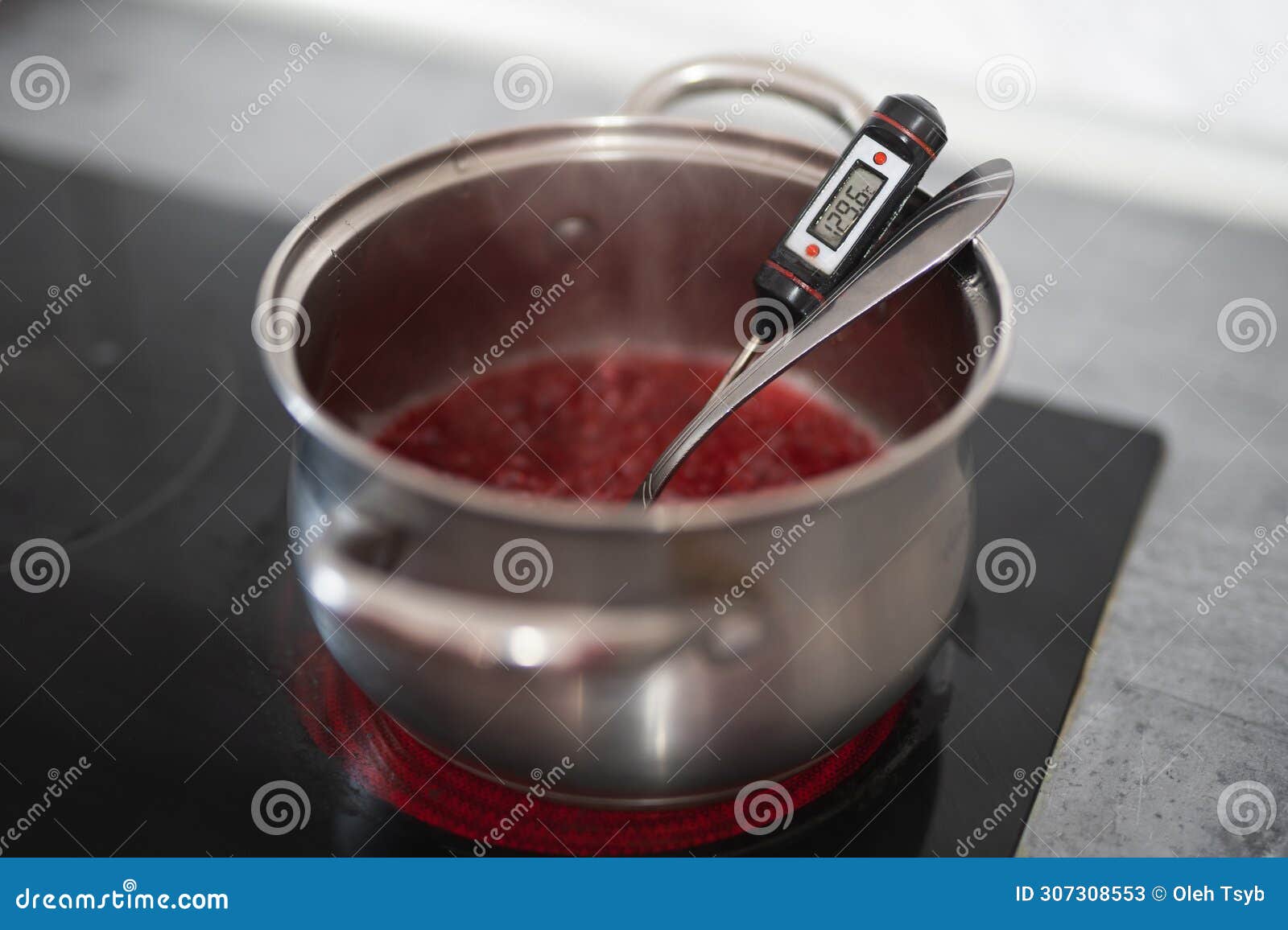 A Pan on an Electric Stove and a Thermometer Measures the Temperature ...