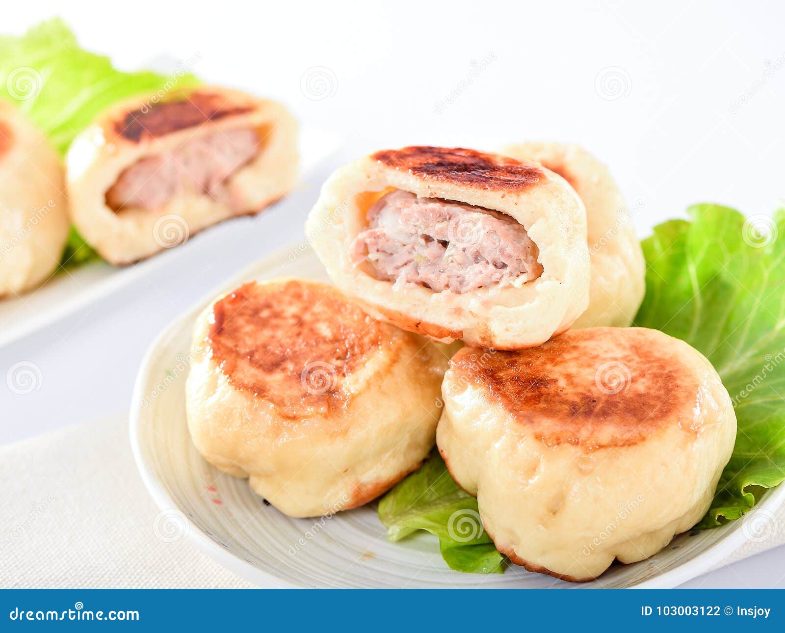 Pan-fried Bun in White Plate Stock Photo - Image of delicacy ...