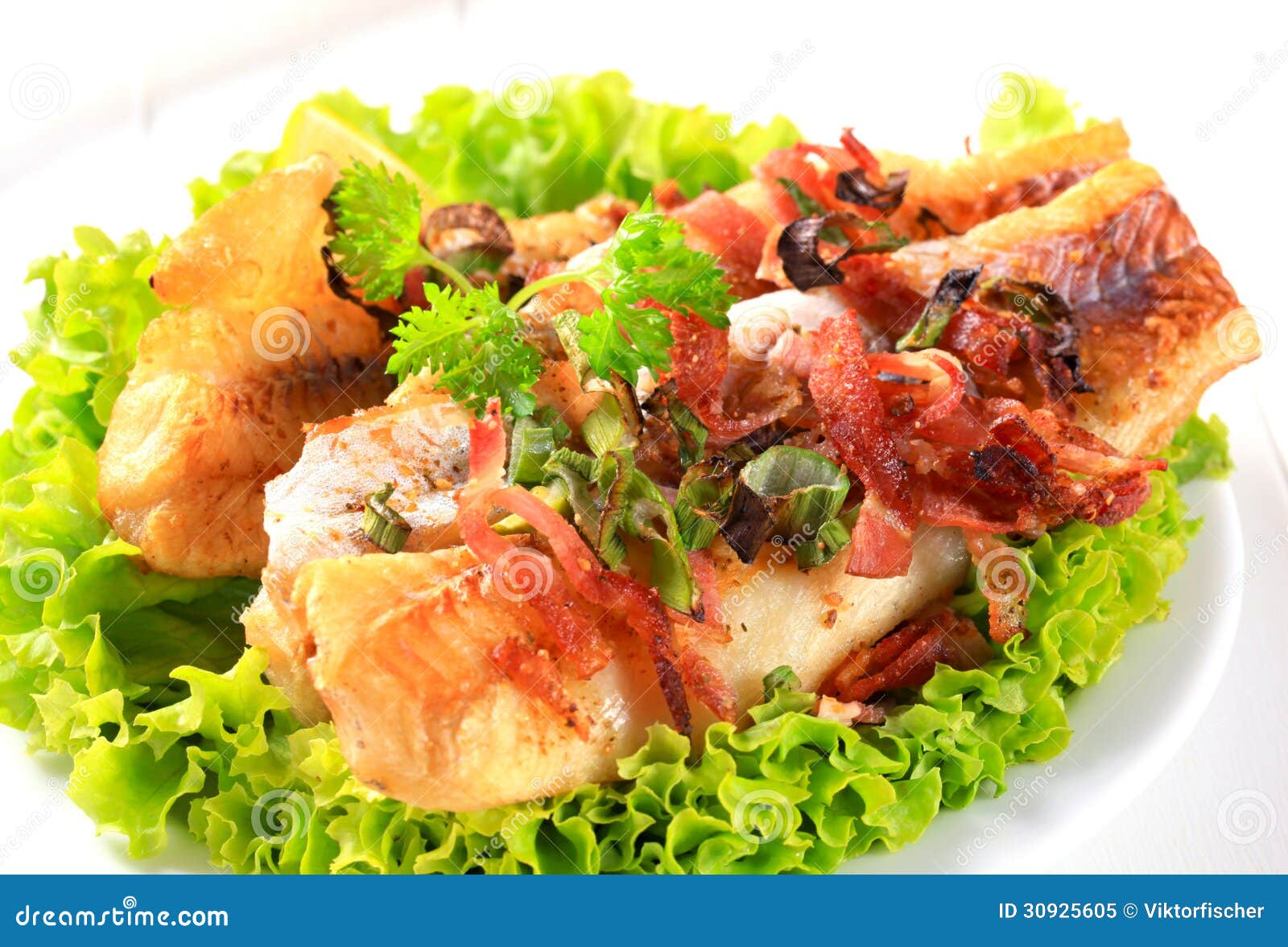 Pan Fried Fish Fillets with Bacon Bits Stock Image - Image of white ...