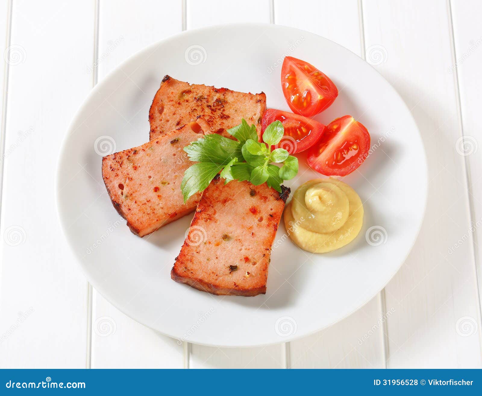 Pan-fried Leberkase with Mustard Stock Photo - Image of closeup ...