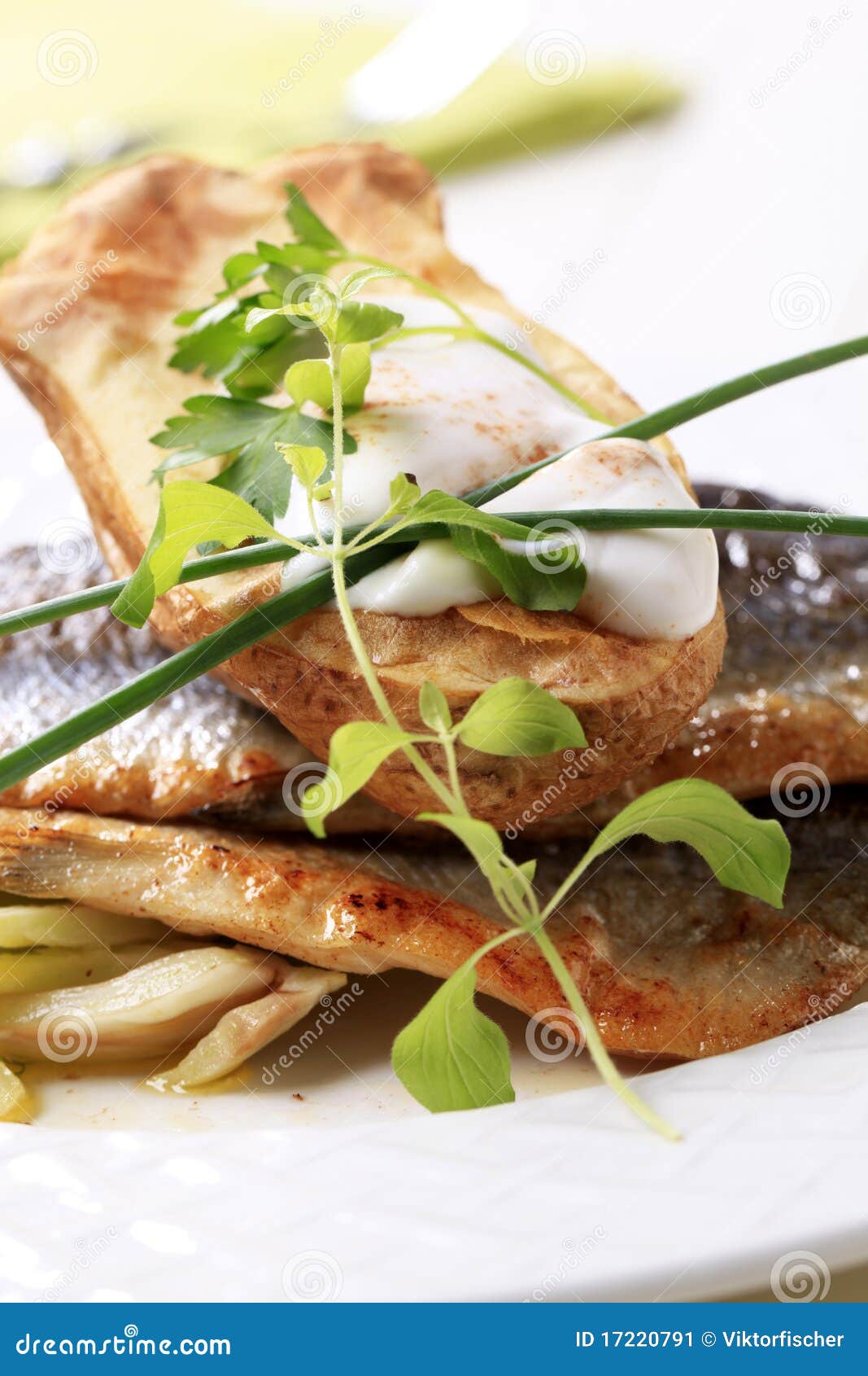 Pan Fried Trout Fillets and Baked Potato Stock Image - Image of sauce ...