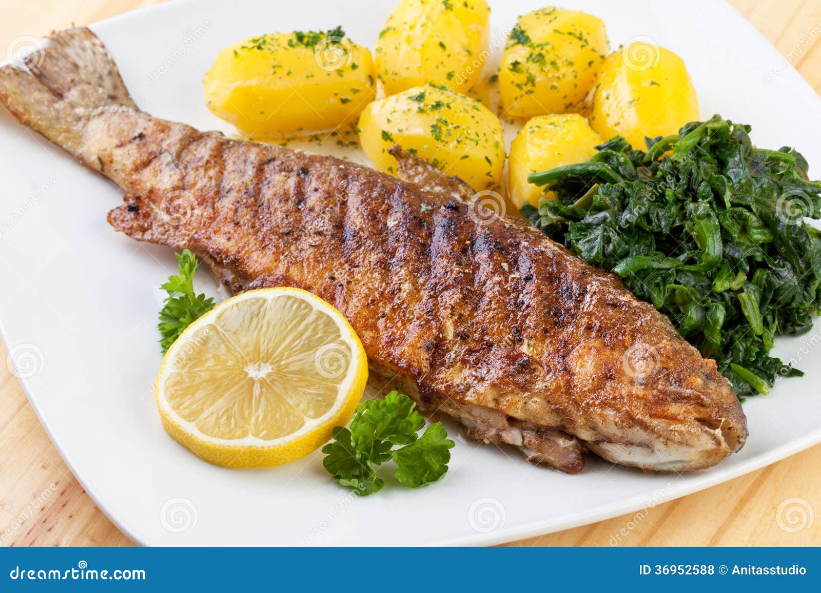 Pan Fried Trout stock photo. Image of baked, plate, potato - 36952588