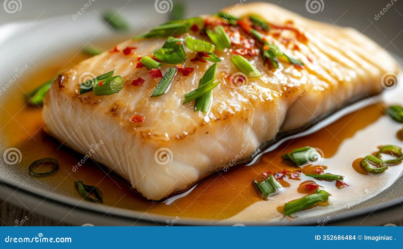 Pan Seared Cod Fillet with Soy Glaze and Scallions Stock Illustration ...