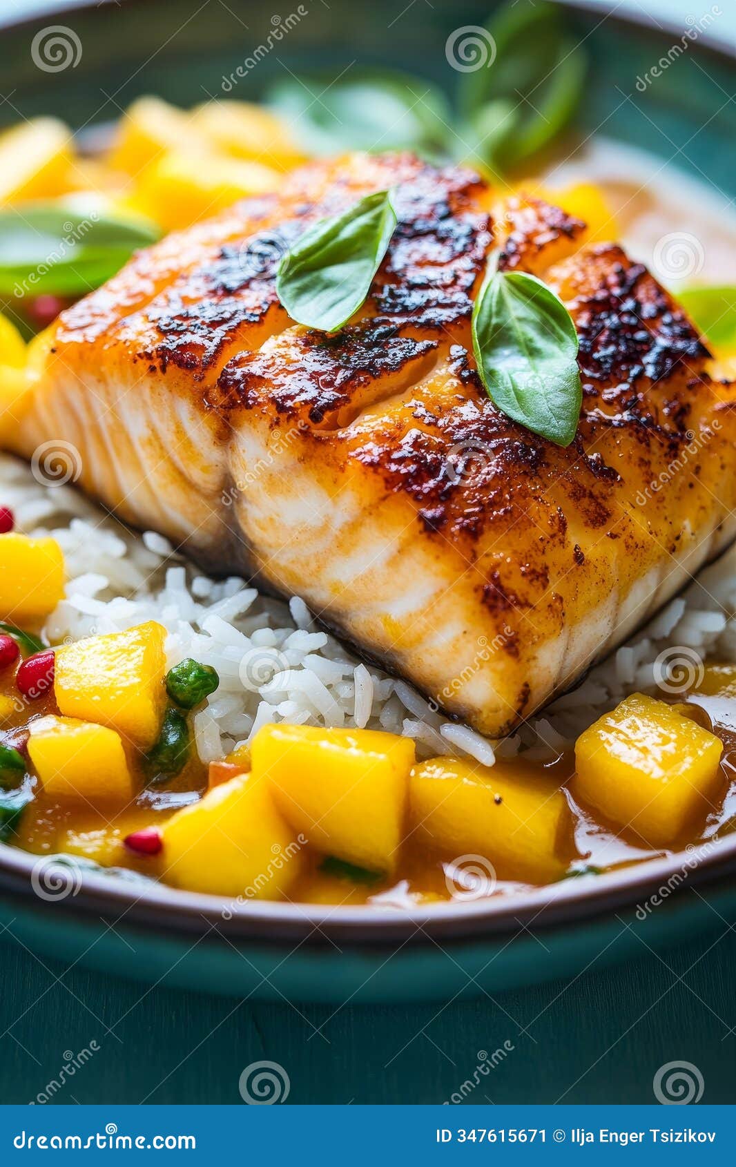 Pan-Seared Fish Fillet with Tropical Mango Salsa and Coconut Rice a ...
