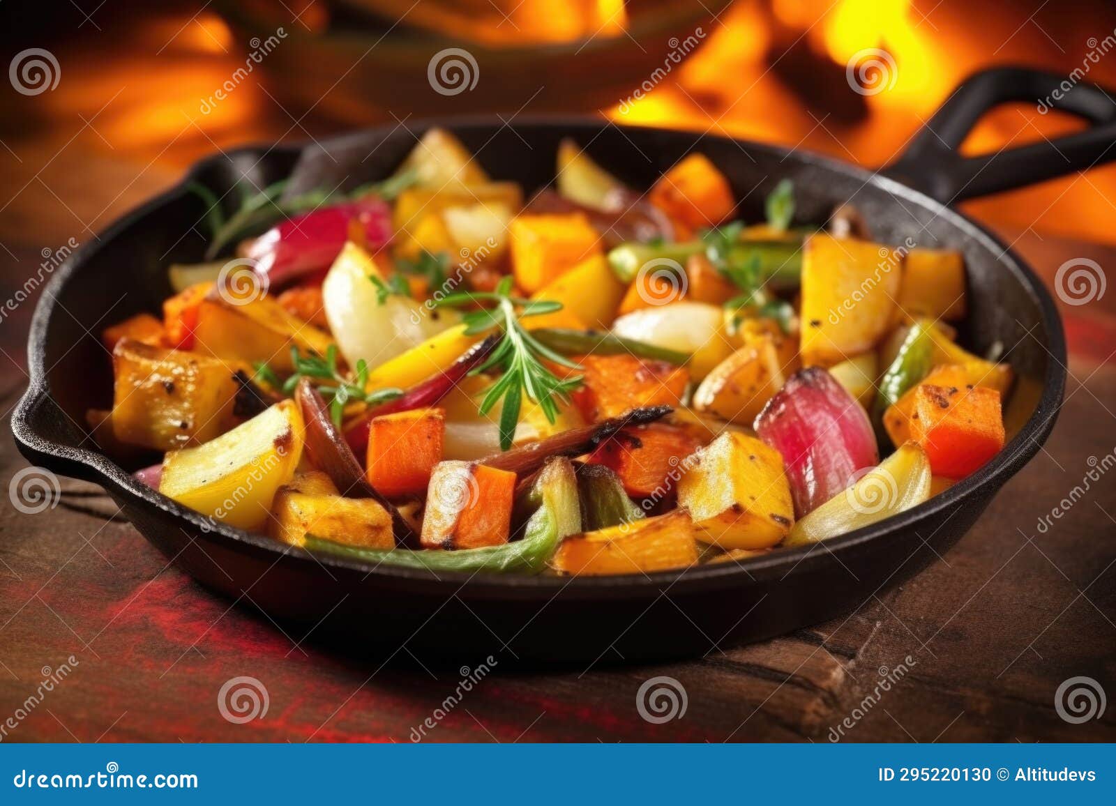 Pan-seared Root Vegetables in an Iron Skillet on a Flame Stock Photo ...