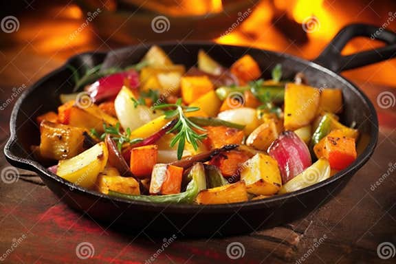 Pan-seared Root Vegetables in an Iron Skillet on a Flame Stock Photo ...