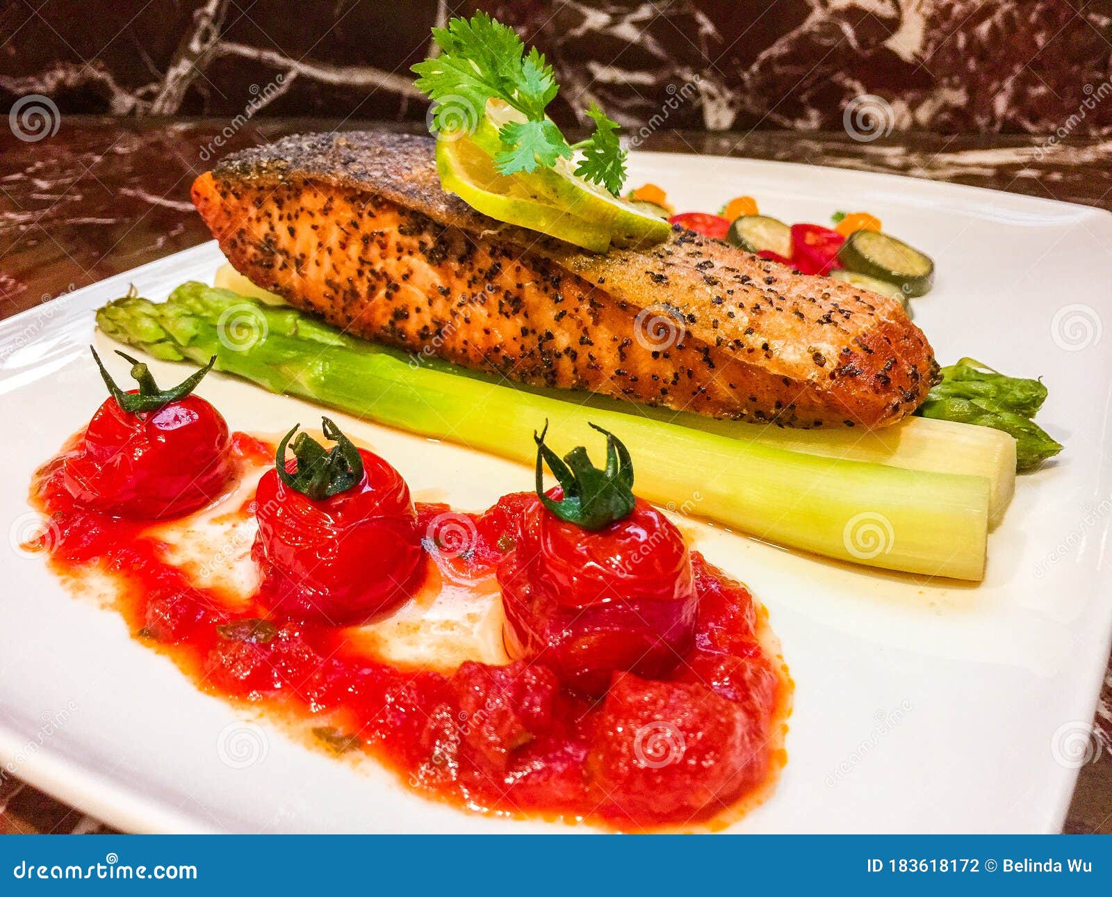 Pan seared Salmon dish stock photo. Image of seared - 183618172