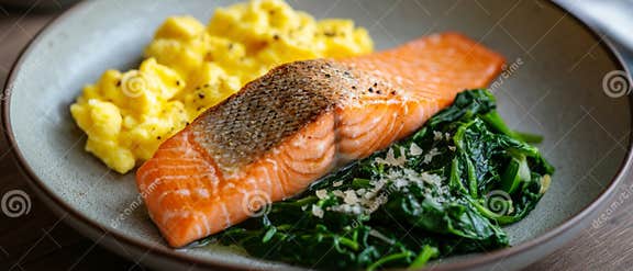Pan-Seared Salmon with Scrambled Eggs and Saut?ed Spinach Stock ...