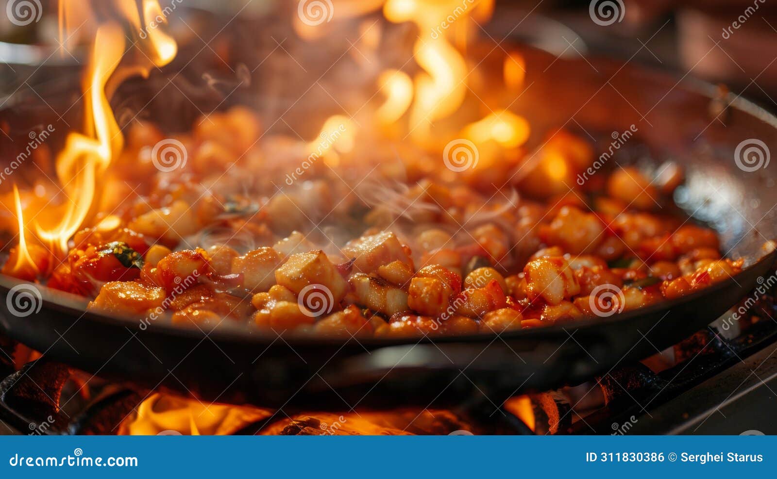 A Pan of a Skillet Filled with Food on Fire, AI Stock Photo - Image of ...
